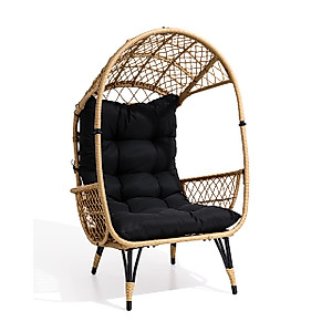 JOINHOM Hand Woven Wicker Egg Chair, Patio Sun Shade Egg Chair with Wide Armrest Allow You to Relax, Strong Metal Frame Lounge Chair w/Cushion for Garden, Balcony, Living Room