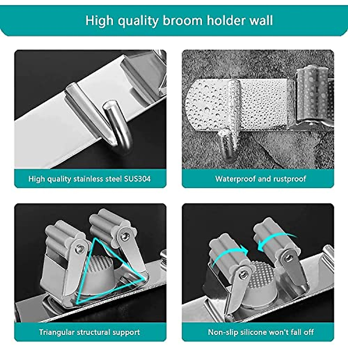 Zollyss Broom Mop Holder Wall Mount Stainless Steel Wall Mounted Storage Organizer Heavy Duty Tools Hanger with 5 Racks 4 Hooks for Kitchen Bathroom Closet Garage Office Garden-1Pc