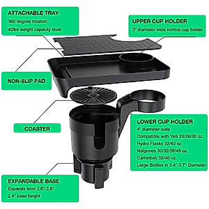 Cup Holder Tray for Car, Drink Holder Expander Compatible with Yeti 20/26/30 oz Hydro Flasks 32/40 oz Nalgenes 30/32/38/48 oz Camelbak 32/40 oz Detachable Tray Table