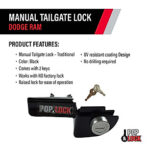 POP & LOCK – Manual Tailgate Lock for Dodge Ram 1500, 2500, and 3500, Fits 1994 to 2001 (Black, PL3300, Works with No Factory Lock)