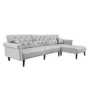 Zushule Convertible Sectional Couch with Chaise Lounge for Living Room, Comfy Velvet Fabric L-Shaped Reversible Reclining Sofa with 3 Seats and Pillows, for Small Apartment and Spaces - (Light Grey)