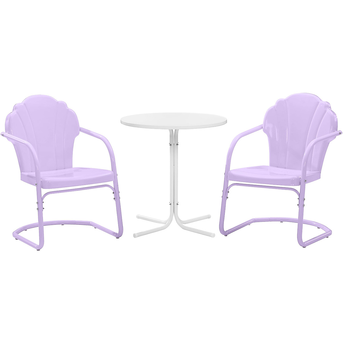 Crosley Furniture Tulip 3-Piece Outdoor Bistro Set, Vintage Retro Metal Patio Table and Chairs for Dining, Lavender Gloss/White Satin