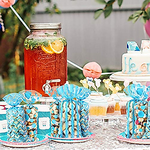 105 PCS Baby Shower Cellophane Treat Bags, Gender Reveal Candy Bag Polka Dot Stripes Printed Plastic Goodie Favor Bags with 100 Silver Twist Ties for Christmas Birthday Party Decor(Blue)