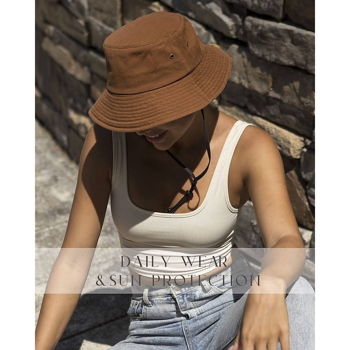 FURTALK Bucket Hats for Women Washed Cotton Packable Summer Beach Sun Hats Mens Womens Bucket Hat with Strings for Travel (Dark Orange, Medium, m)