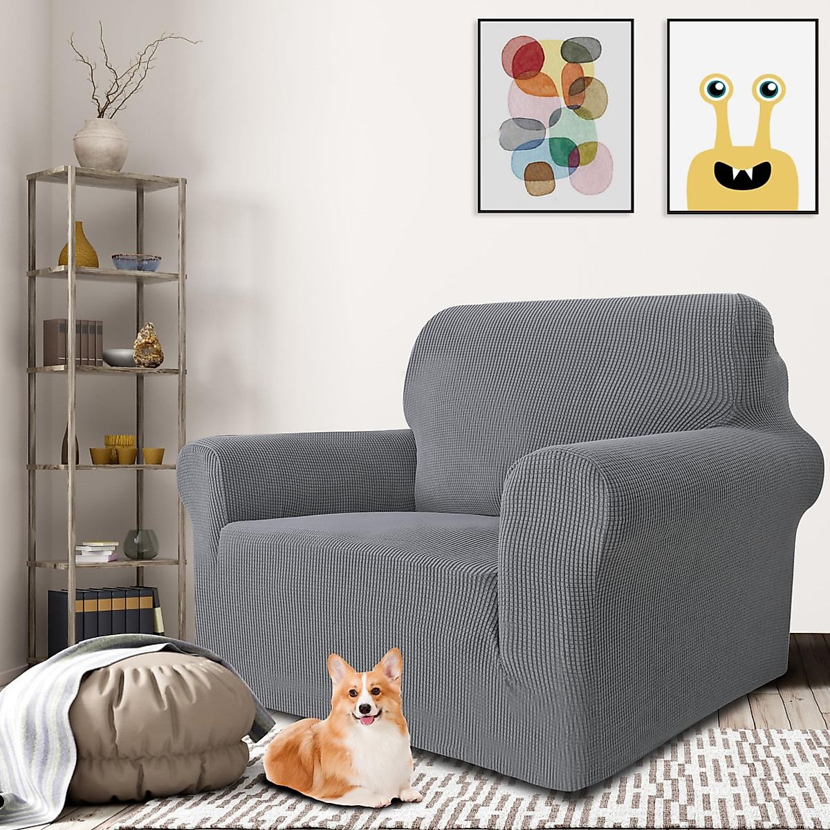 MAXIJIN Stretch Chair Cover Chair Slipcovers with Arms, 1-Piece Couch Sofa Chair Covers for Living Room, Non Slip Armchair Cover (31"-46") Furniture Protector Dogs Pet Friendly (Chair, Light Grey)