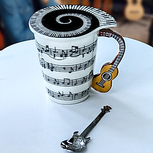 Guitar Novelty Mug Unique Musical Gift Coffee Cup with Cool Music Themed Lid & Guitar Handle Design & Guitar Spoon, Great Gifts for Music Teacher, & Guitar Lovers for Holidays, Fathers Day, Men, Women