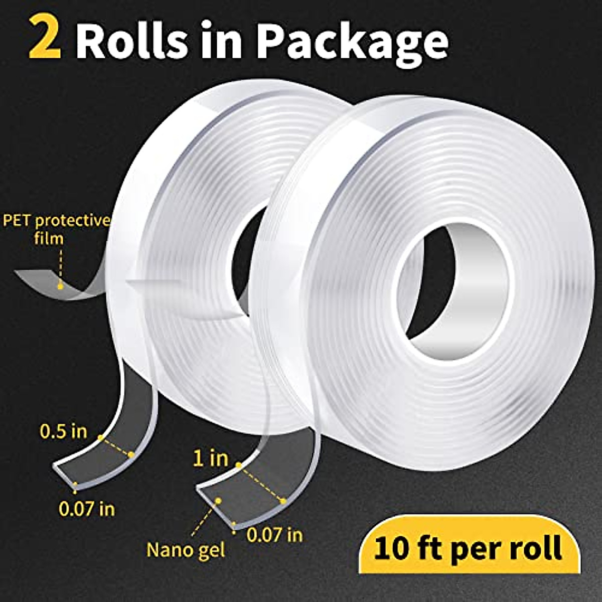 KUSUFEFI Double Sided Tape Heavy Duty, Double Stick Mounting Adhesive Tape (2 Rolls, Total 20FT), Clear Two Sided Wall Tape Strips, Removable Poster Tape for Home, Office, Car, Outdoor Use
