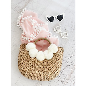 ModParty Boho Chic Straw Bag with Pom Poms Hand-Woven Sound Handle Purse Summer Beach Bag for Women (White Pom Poms)