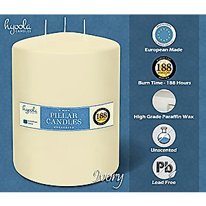 HYOOLA Ivory Three Wick Large Candle - 6 x 8 Inch - Unscented Big Pillar Candles - 188 Hour - European Made