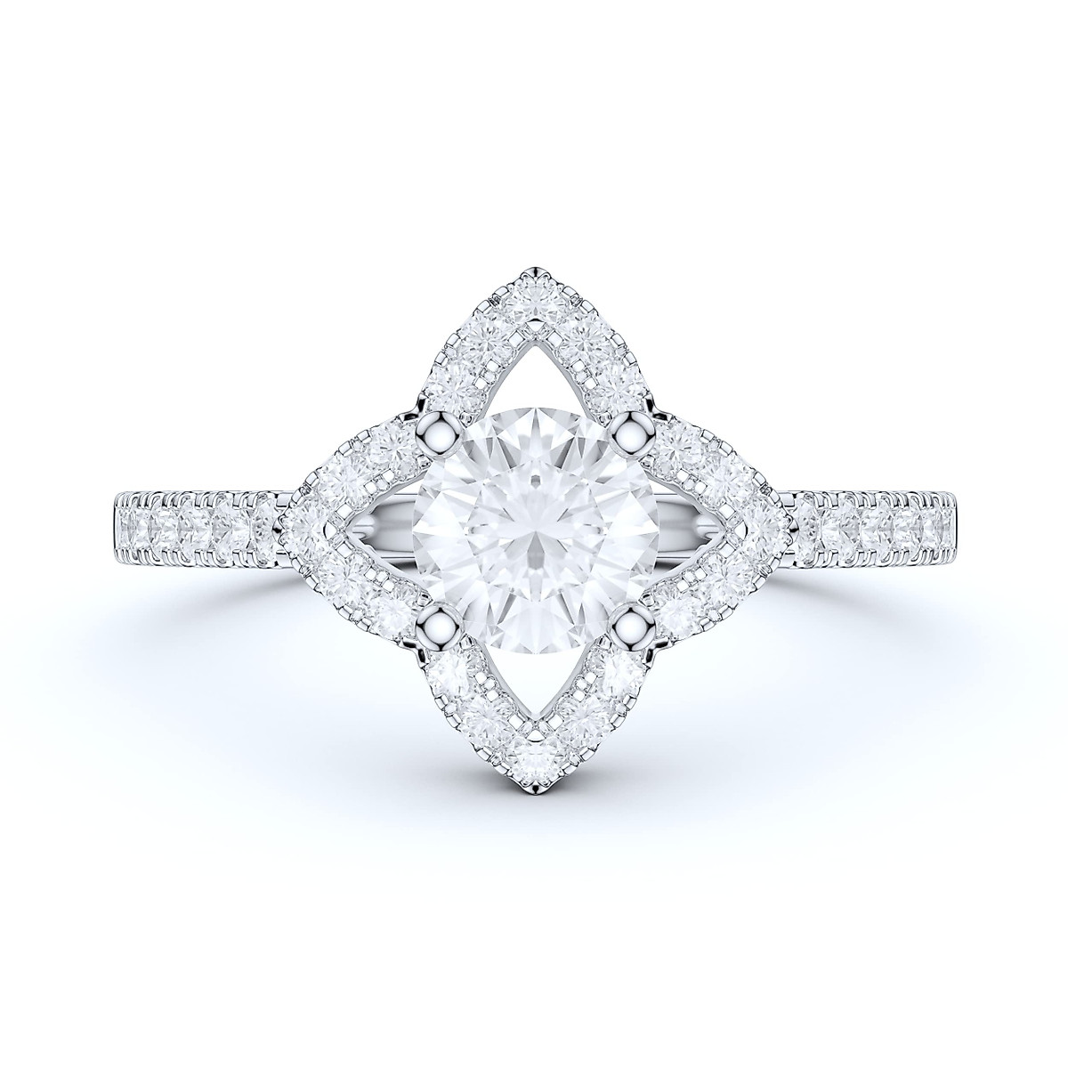 PRSTANI 14k White Gold Smooth Four-Point Star Halo 0.5ct Main Simulated Diamond Engagement Ring Promise Ring (9)