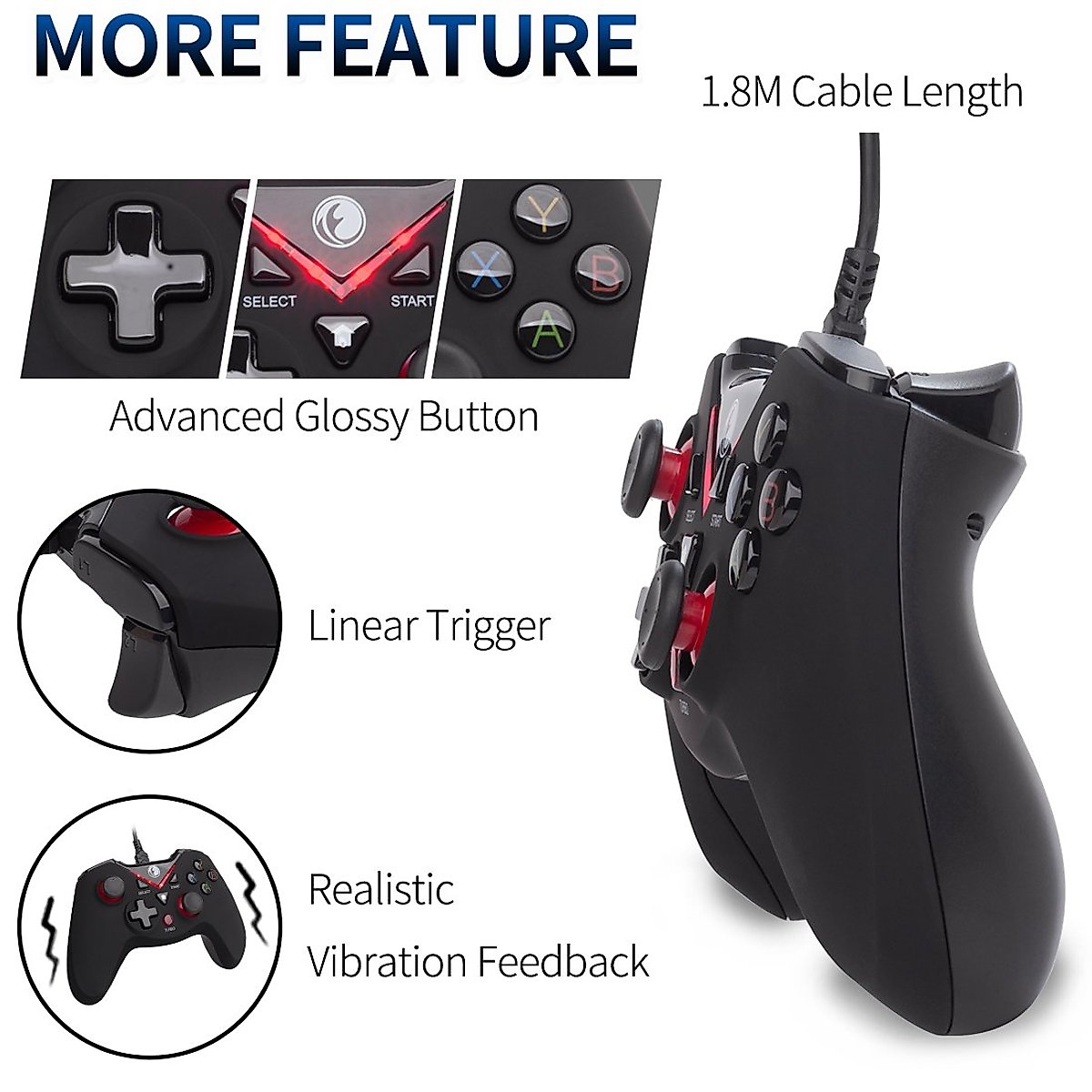 IFYOO V-one Wired USB Gaming Controller Gamepad Joystick for PC (Windows XP/7/8/10/11) & Steam & Android & PS3 - Red