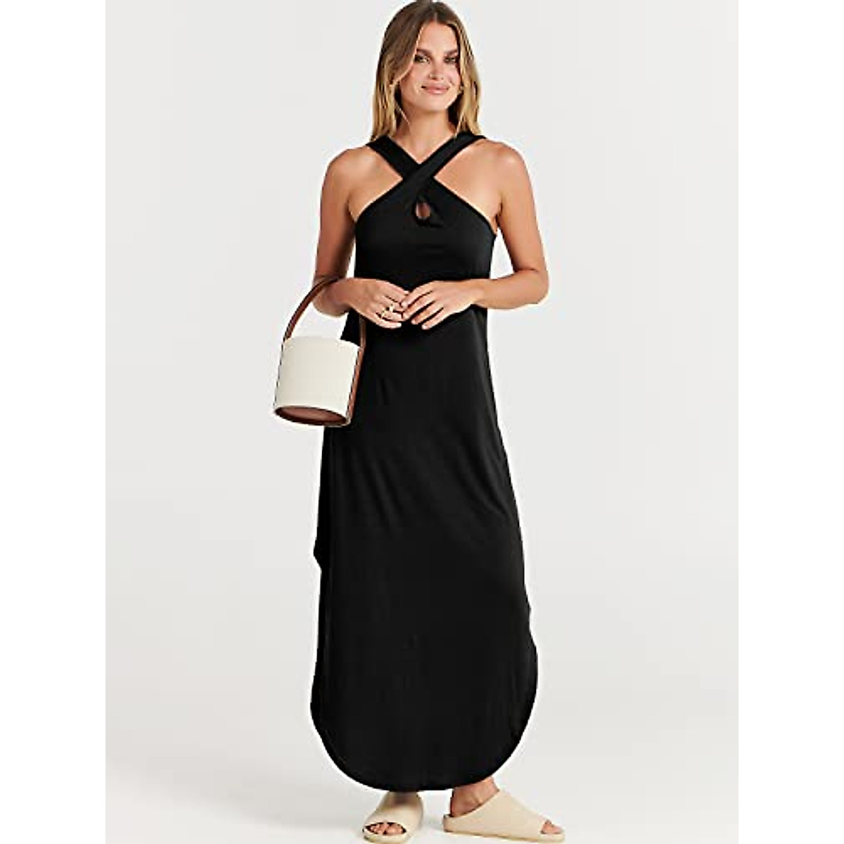 ANRABESS Women's Casual Loose Sleeveless Beach Dress Criss Cross Slit Maxi Sun Dresses 2023 Fashion Vacation Outfits Summer Clothes Resort Cruise Wear A453heise-XL Black
