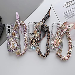 Omio for Samsung Galaxy Z Fold 3 Bling Case with Hand Chain Wrist Strap Bracelet Silk Scarf for Girls Women Sparkle Rhinestone Pearl Crystal Glitter Diamond Shockproof Cover for Galaxy Z Fold 3 Purple