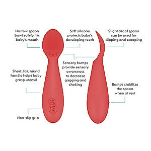 ezpz Tiny Collection Set (Coral) - 100% Silicone Cup, Spoon & Bowl with Built-in Placemat for First Foods + Baby Led Weaning + Purees - Designed by a Pediatric Feeding Specialist - 6 Months+