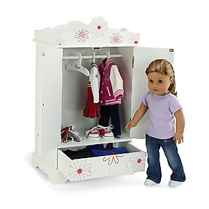 Emily Rose 18 Inch Doll Furniture Closet with 3 Clothing Hangers - Floral | USA Business | Wooden Doll Accessories Armoire Wardrobe Set - 18" Doll Clothes Storage Toy Playset