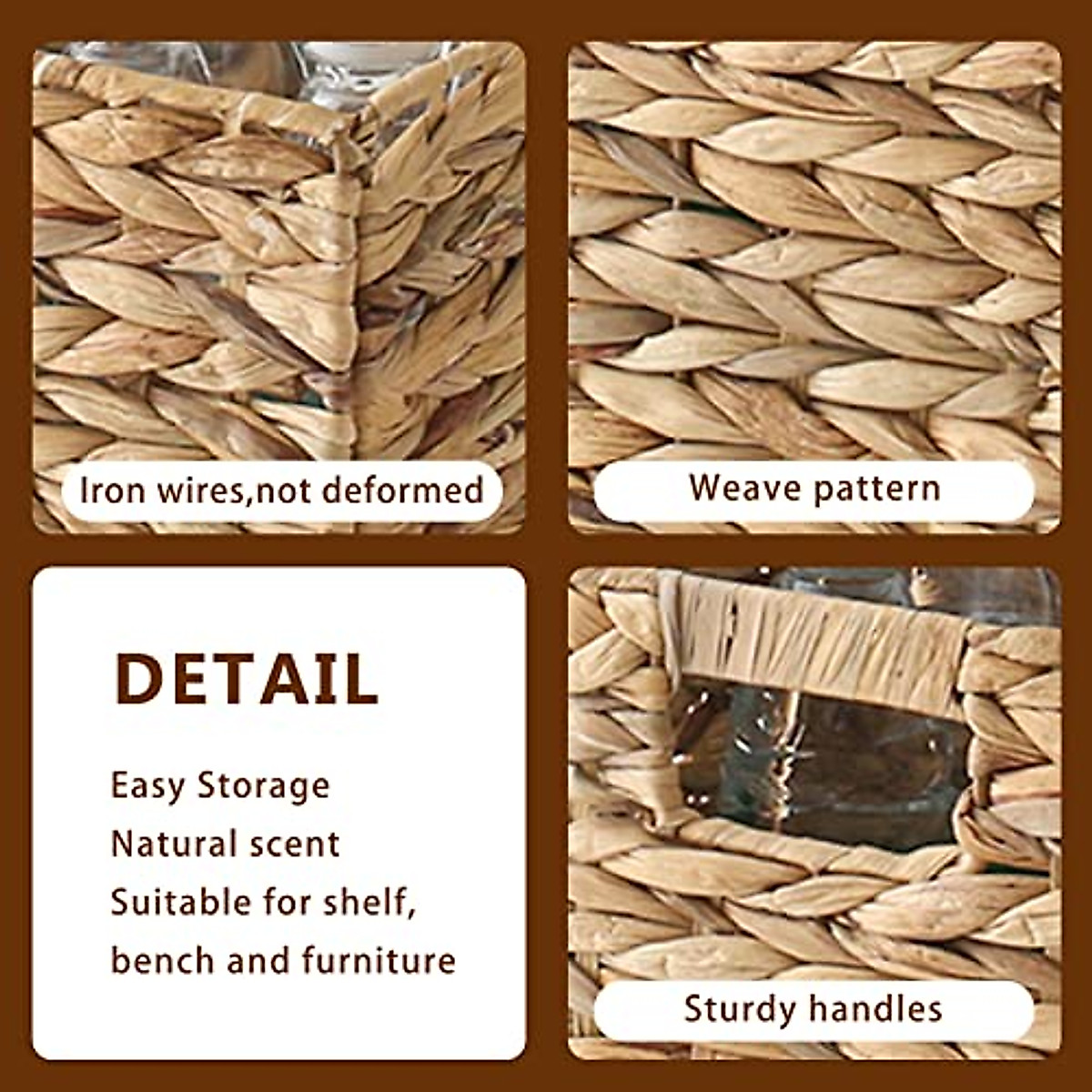 VK Living Foldable Handwoven Water Hyacinth Storage Baskets Wicker Cube Baskets Rectangular Laundry Organizer Totes for Bedroom, Living Room,Nursery Room, Shelves, Pantry 4 Pack 11.8x11.8x11.8inch