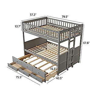 OUYESSIR Full Over Full Bunk Bed with Trundle and 3 Drawers, Full Size Bunk Beds Convertible to 2 Platform Beds, Solid Wood Bunk Bed with Twin Size Trundle and 3 Storage Drawers (Grey, Ladder)