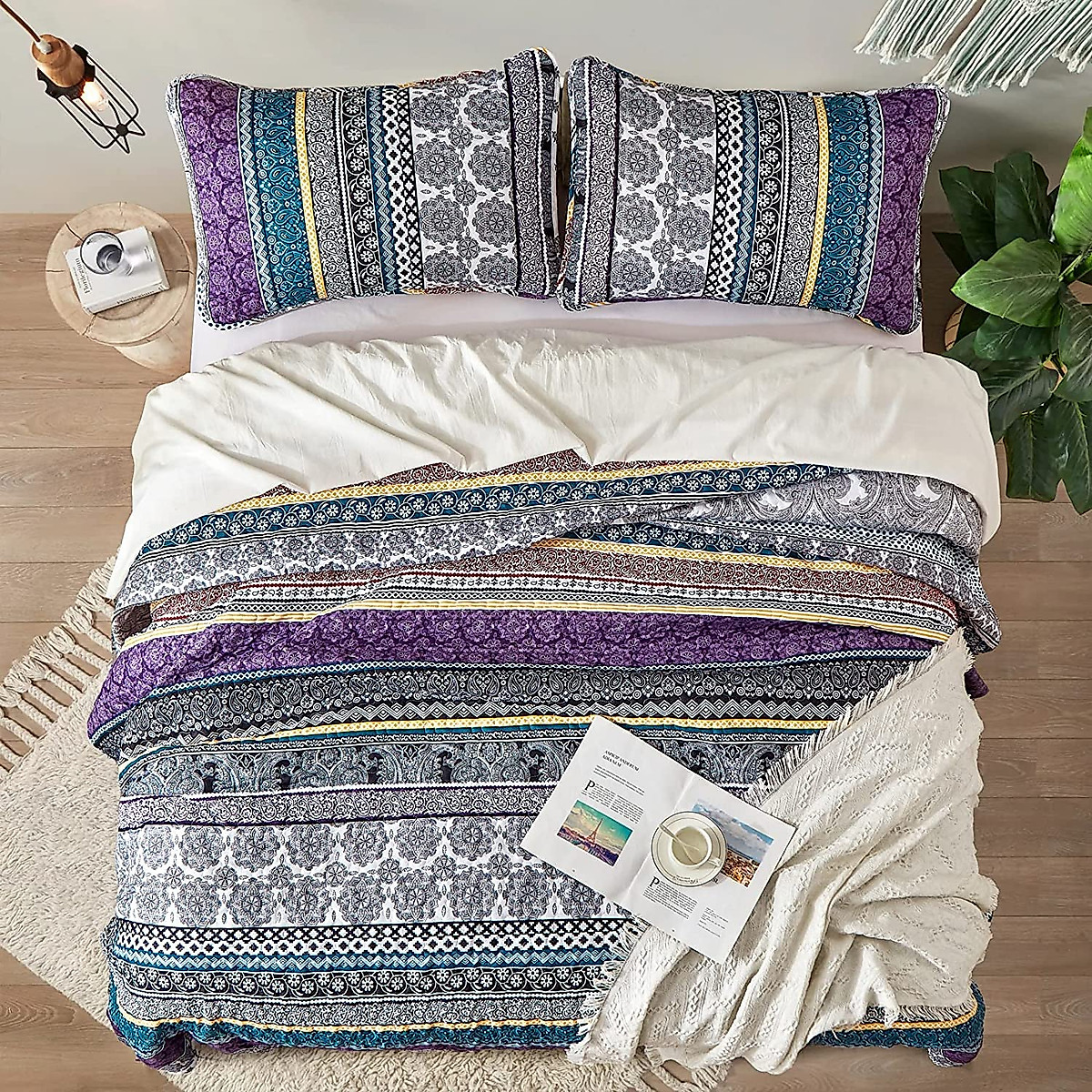 WONGS BEDDING Boho Quilt Set Full Size, Purple Bohemian 3 Pieces Quilt Sets, Lightweight Summer Bedspread Coverlet Bedding Set for All Season (90"x78")