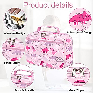 Kids Lunch Box Boys Girls Insulated Lunch Cooler Bag Reusable Lunch Tote Kit for School Travel Dinosaur Pink
