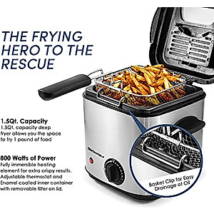 Elite Gourmet EDF1550# Electric 1.5 Qt. / 6 Cup Oil Capacity Deep Fryer, Adjustable Temperature, Removable Basket, Lid with Viewing Window, Stainless Steel