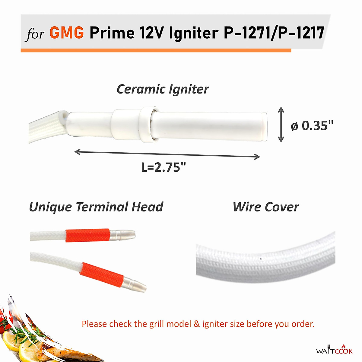 WAITCOOK 12V Prime Hot Rod Igniter for Green Mountain Daniel Boone Prime and Jim Bowie Prime Model, Ledge and Peak Pellet Grill Prime 12 Volt Ignitor Replacement Parts