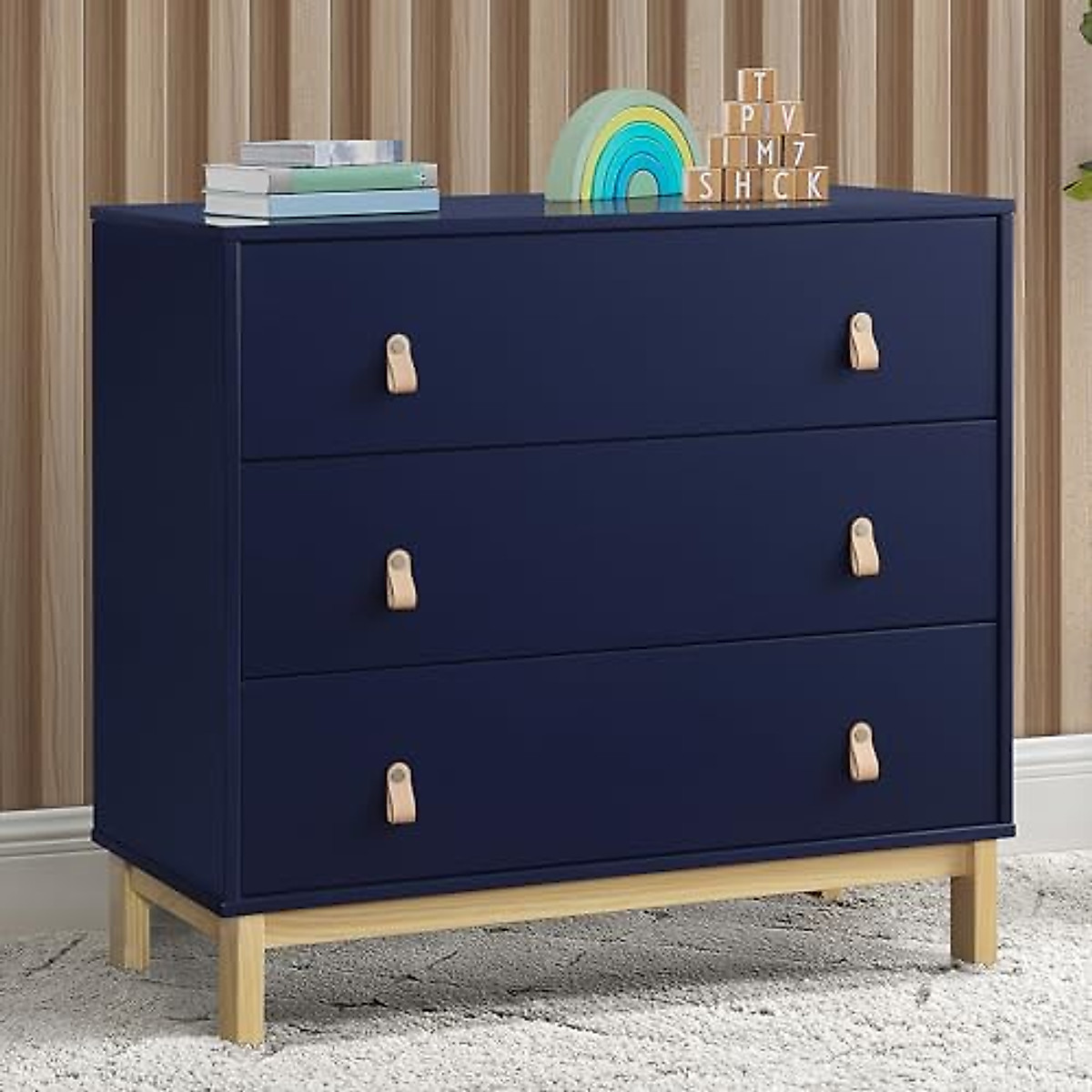 Delta Children babyGap Legacy 3 Drawer Dresser with Leather Pulls and Interlocking Drawers, Navy/Natural