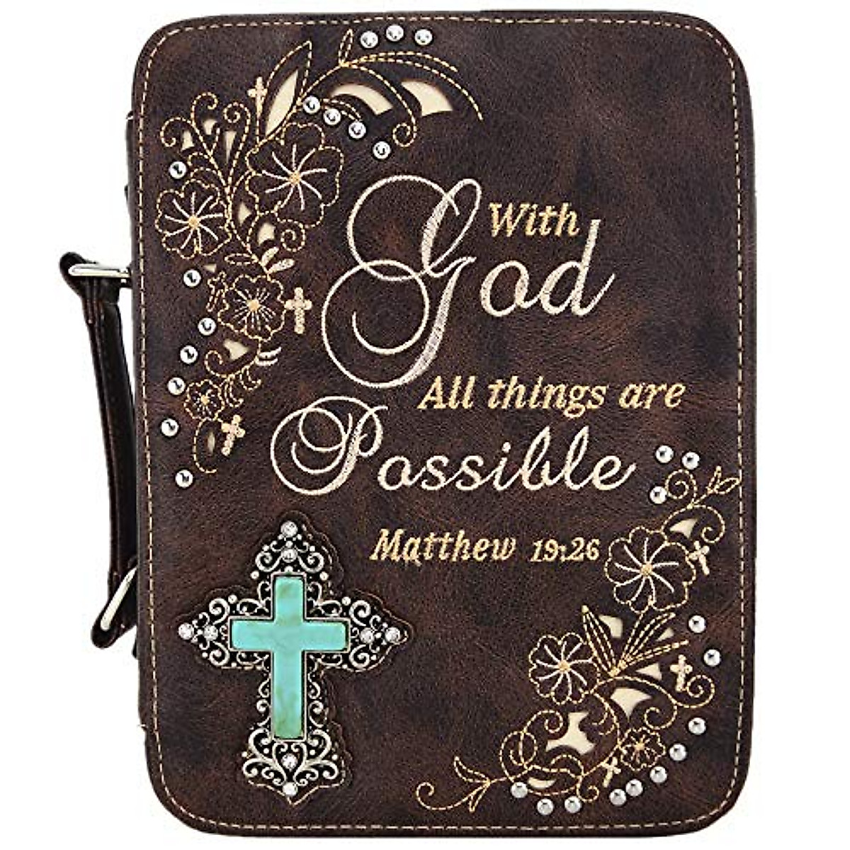Western Style Embroidered Verse Scripture Bible Cover Book Bibles Carrying Case for Women Extra Strap Purse Messenger Bag (Scripted Brown)