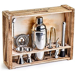 Mixology Bartender Kit: 11-Piece Bar Tool Set with Rustic Wood Stand | Perfect Home Bartending Kit and Cocktail Shaker Set for a True Drink Mixing Experience | Fun Housewarming Gift Idea (Silver)