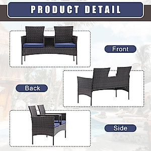 Outdoor Loveseat Set Patio Conversation Furniture Set with Removable Cushions & Table, Tempered Glass Top, Rattan Sofa Set for Garden Lawn Backyard (Brown-Blue)