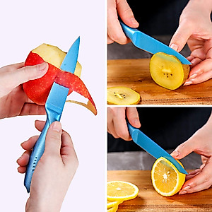 WELLSTER Blue Kitchen Knife Set with Block, 6 Pieces Knives Universal Holder Set, German Stainless Steel Blade Non-Stick Coated Chef Carving Bread Utility Paring Knives