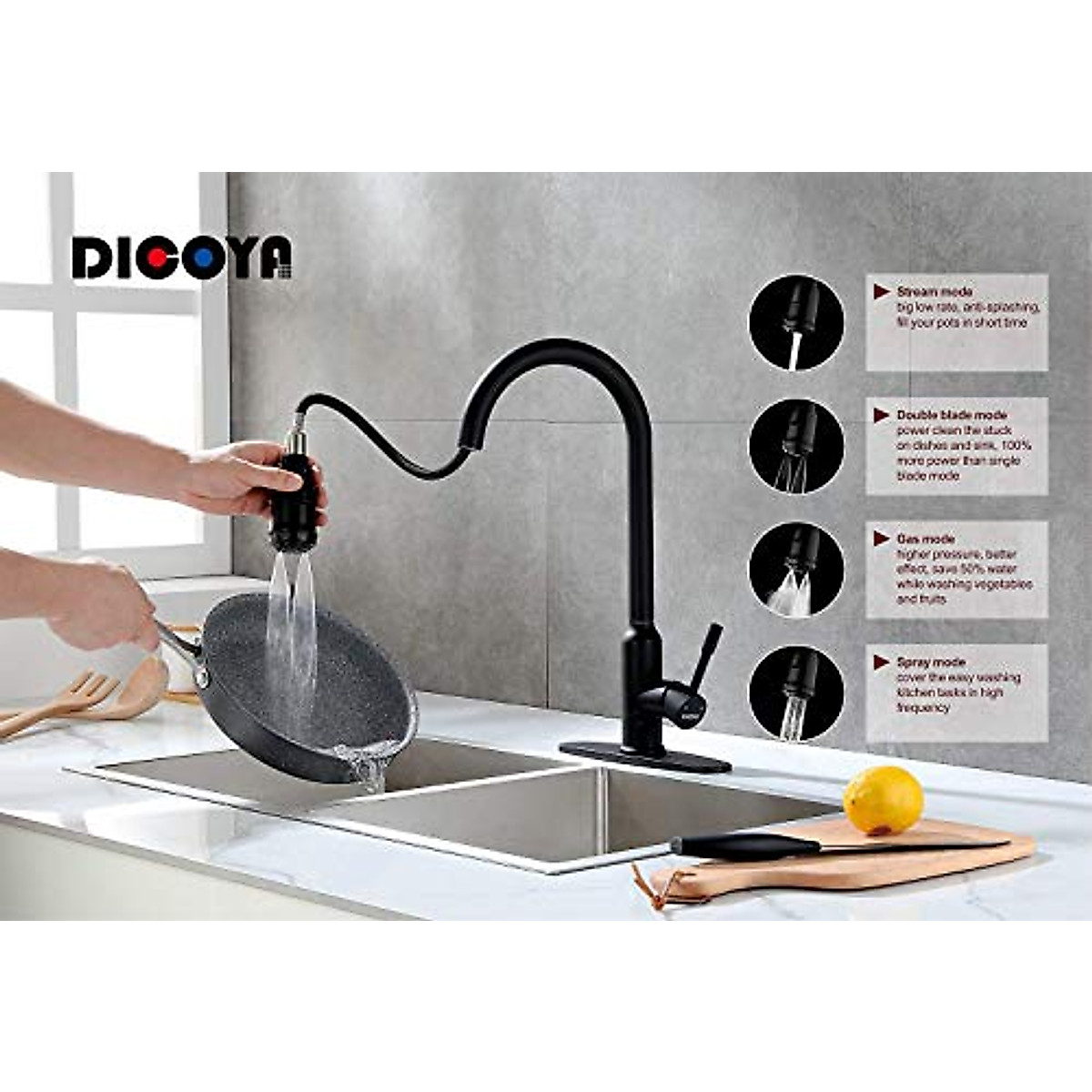 DICOYA Kitchen Faucets with Pull Down Sprayer, 4 Function Sprayer, Power Rinsing, Easy Clean, Water Saving, 304 Stainless Steel, Kitchen Sink Faucet, Single Lever, Gooseneck, Deck Plate, Black Matte