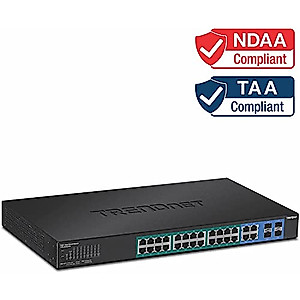 TRENDnet 28-Port Gigabit Web Smart PoE+ Switch, 24 x Gigabit Ports, 4 x Shared Gigabit Ports (RJ-45 or SFP), 185W PoE Budget, 56Gbps Switching Capacity, Lifetime Protection, Black, TPE-2840WS