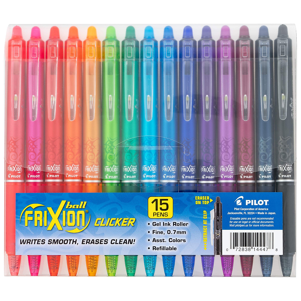 PILOT Pen 14447 FriXion Clicker Erasable, Refillable & Retractable Gel Ink Pens, Fine Point, Assorted Color Inks, 15-Pack Pouch