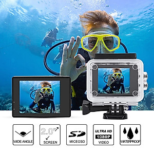 Bindpo Action Camera, 1080P 30fps 12MP 30M Sports Camera 2 Inch with Accessories for Vlogging, Diving, Skiing(Gold)