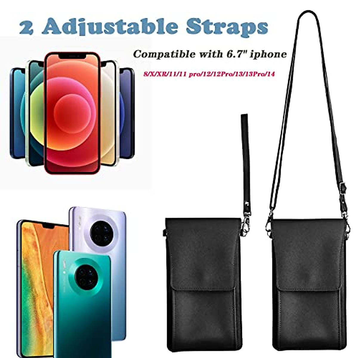 Ansxiy Black Leather Phone Purse with Clear Window, 6.7" Touchscreen Compatibility, Magnetic Closure & Waterproof - Crossbody Wallet Case with Shoulder Strap