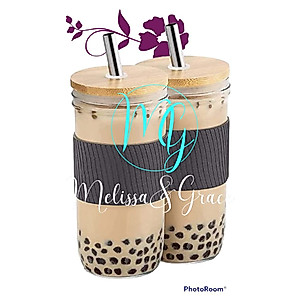 Melissa & Grace [2 Pack] 24oz Glass Cups with Airtight Bamboo Lids, Silicone Sleeve, Wide Mouth Metal Straw Cleaners - Fashionable Reusable Boba for Iced Coffee/Tea, Travel Drinks 2.9x7.8 (MG2022001)