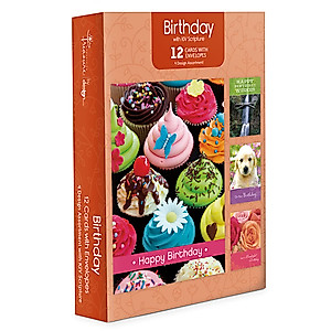 Paper Craft IG98639-RE Religious Birthday Card Assortment Box Set with Envelopes, 12 Cards, 4.75'' W x 6.5'' H, Cupcake, Waterfall, Puppy, and Floral Photography
