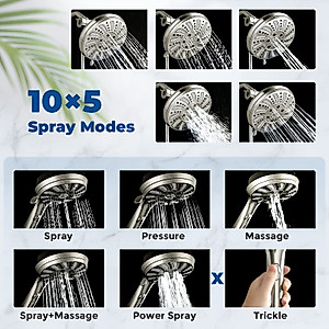 Shower Head Combo - WaterSong 4.5" 6-Setting Handheld Showerhead and 7" 5-Setting Rainfall Spray, One Click for High Pressure/Trickle Mode, with 70” Longer Stainless Steel Hose, Brushed Nickel