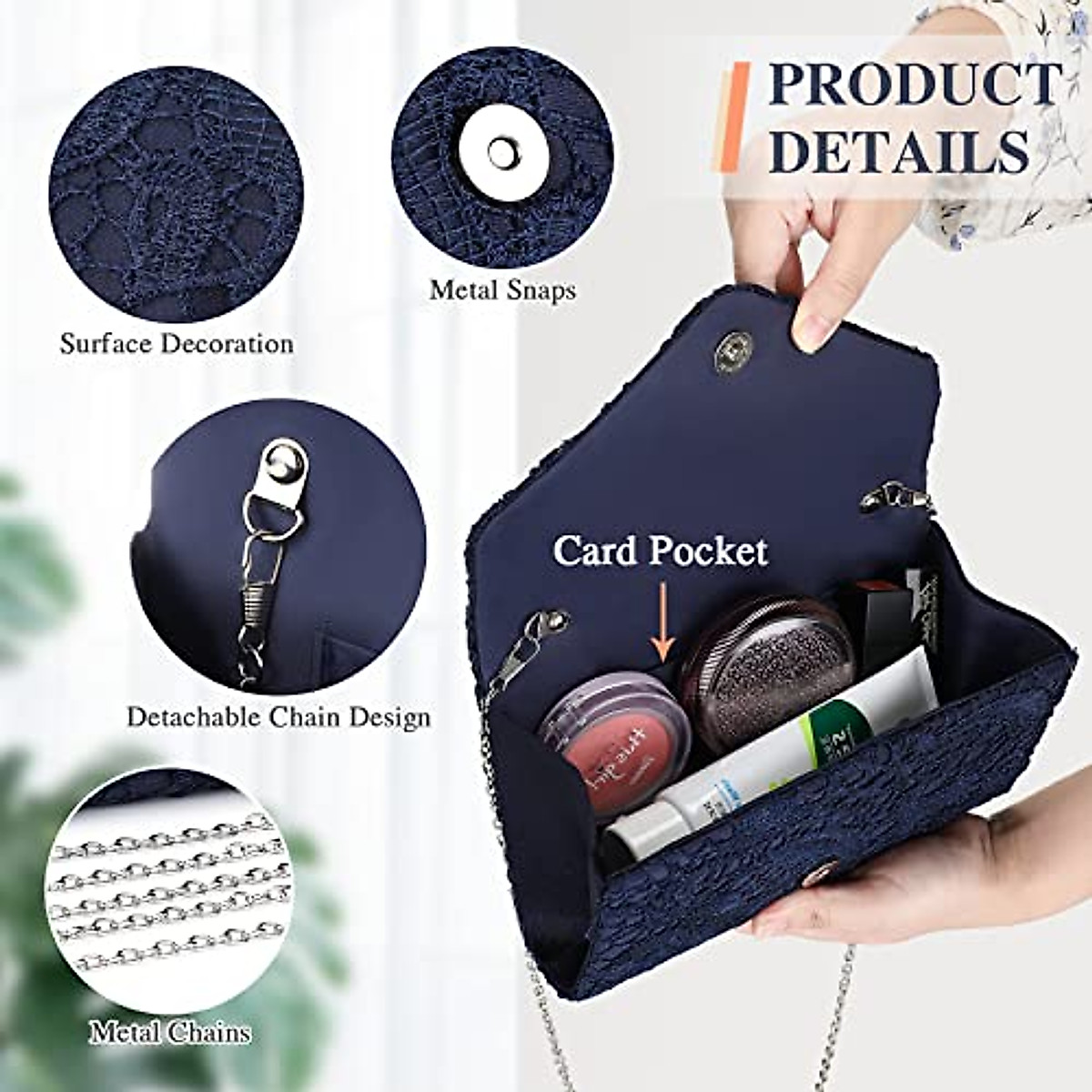UBORSE Women's Elegant Floral Lace Envelope Clutch Evening Prom Handbag Purse Navy Blue