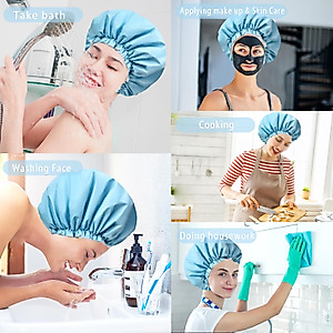 Shower Caps for Women, Terry Cloth Lined EVA Exterior Elastic and Reusable Bath Caps, Double Waterproof Layers Shower Cap, Bathing Shower Caps, Environmental Protection Bath Hair Cap - Blue