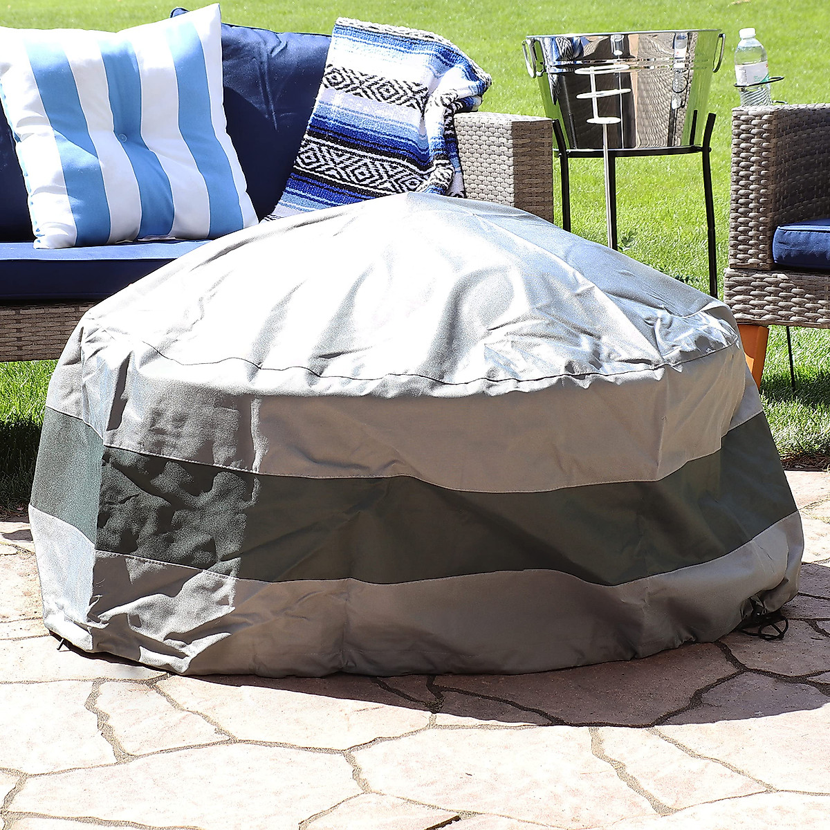 Sunnydaze 2-Tone Round Outdoor Fire Pit Cover - Heavy-Duty 300D Polyester with Drawstring - Gray/Green - 48-Inch x 18-Inch