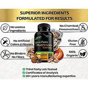 Organic Mushroom Supplement Extracts of Lions Mane Cordyceps Chaga Reishi Turkey Tail Maitake Shiitake Capsules - Natural Vitamins Minerals Antioxidants Supplement - Made in The USA