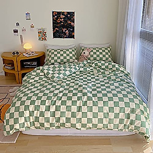 Wellboo Green White Plaid Comforter Sets Full Women Men Sage Green Checkerboard Grid Bedding Comforters Cotton Boys Girls Modern Grass Green and White Checkered Geometric Quilts Luxury Abstract Bed