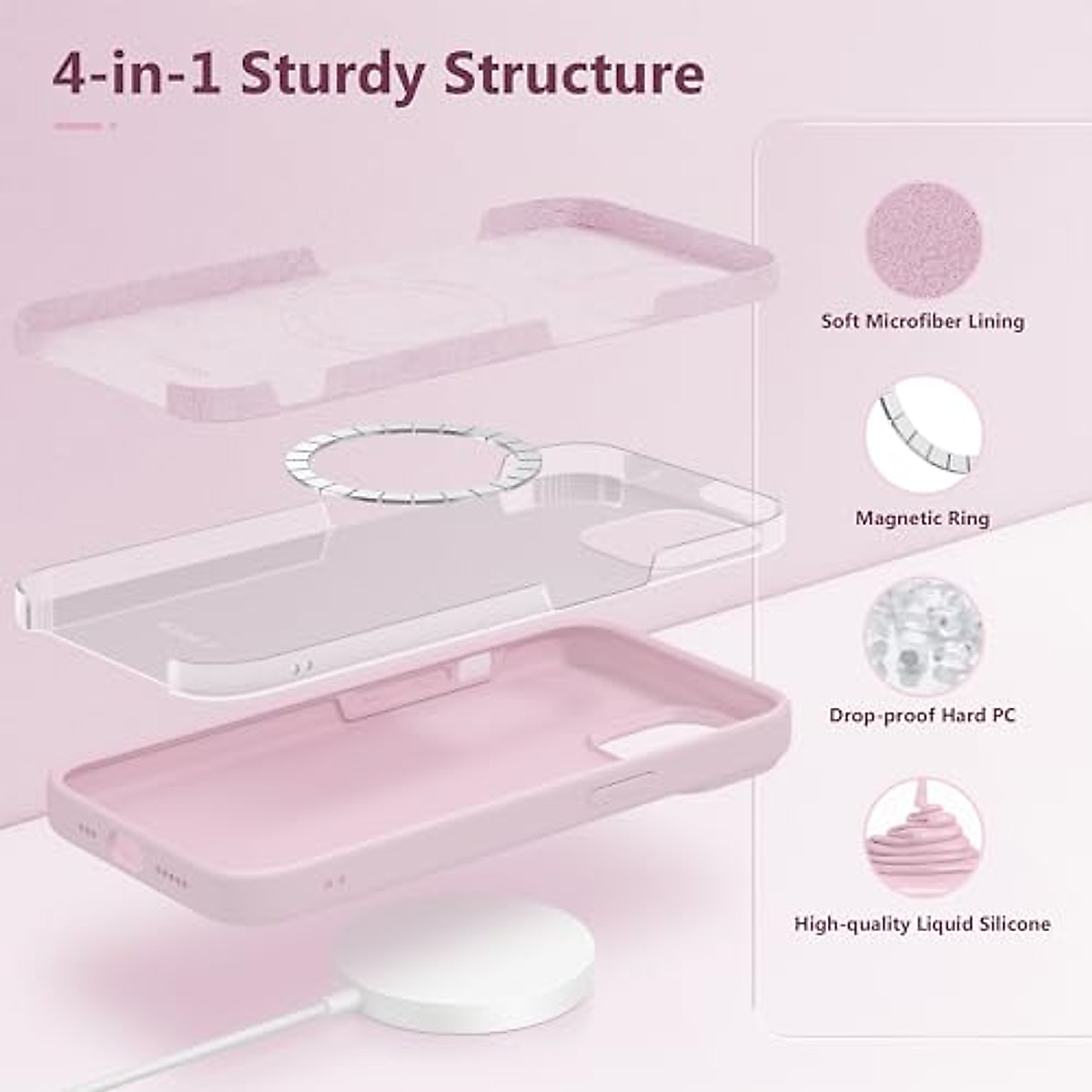 GONEZ Magnetic for iPhone 15 Case [Compatible with Magsafe] [1 Screen Protector + 1 Camera Protector], Anti-Scratch Microfiber Lining Shockproof Protective Silicone Phone Cover 6.1", Pastel Pink