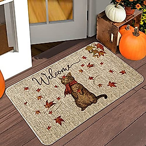 GAGEC Fall Welcome Door Mat Cat Outdoor Rug Maple Leaf Doormat Entrance Rugs Autumn Farmhouse Home Kitchen Bathroom Decorations Floor Front Door Mats 17 x 27 Inch