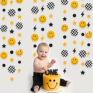 One Happy Dude 1st Birthday Decorations Black Yellow Smile Face Lightning Star Checkered Circle Dot Smiley Face Garland Streamer for Baby Shower First Birthday Wedding Hippie Party Decoration Supplies