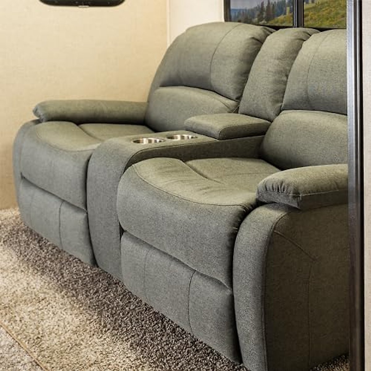 RecPro Charles 67" Double Recliner RV Sofa with Console and Cupholders | Zero Wall Loveseat for Camper | Wall Hugger Couch | Fifth Wheel Theater Seating | Replacement RV Furniture | Fossil Cloth