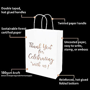 Medium Size Thank You Gift Bags with Tissue Paper - 12 Pack Bulk Kraft Paper Bags with Gold Foil Print and Handle for Birthday Party, Baby Shower, Wedding Celebration, Size 8"L x 4"W x 10"H (White)