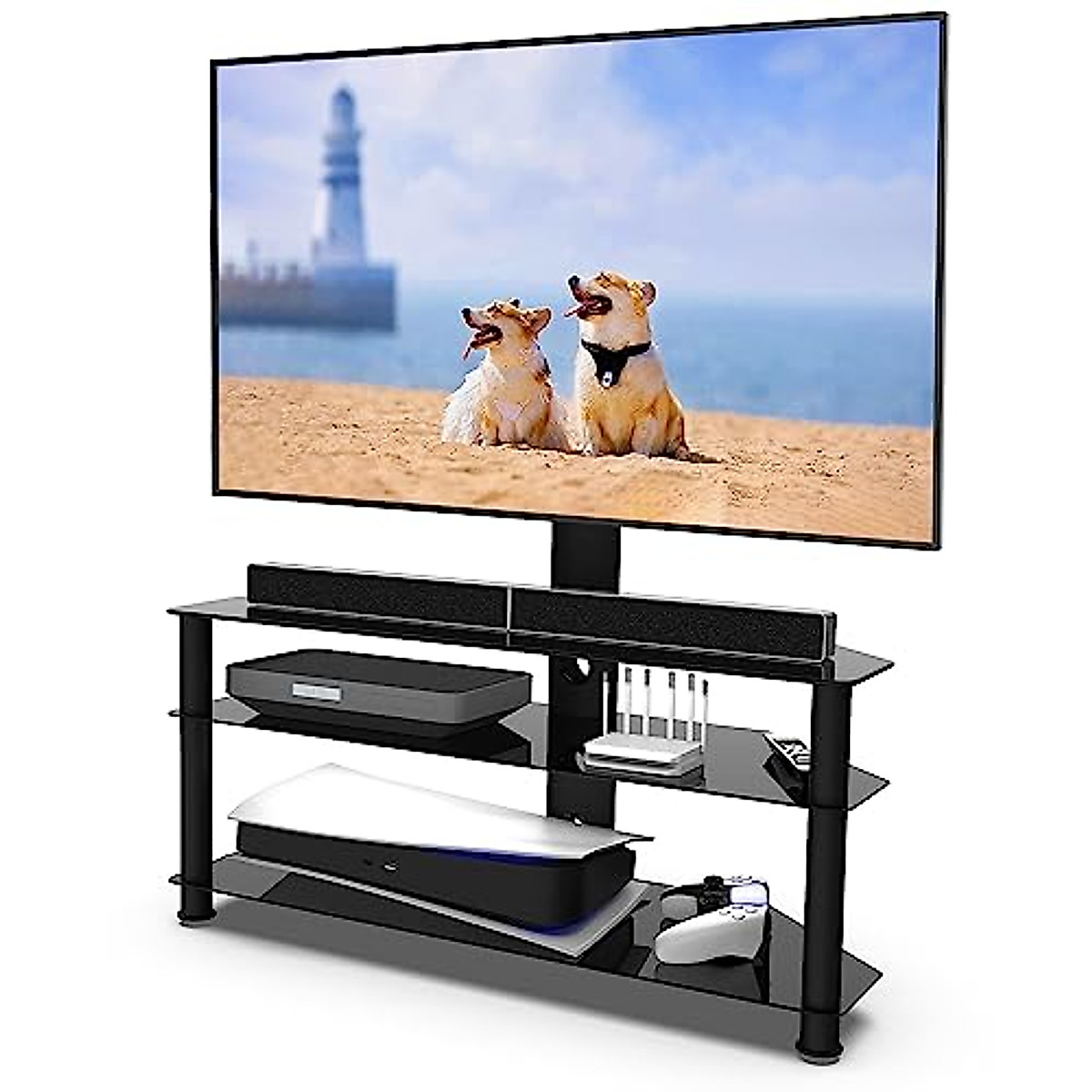 TV Floor Stand with Three Media Pallet Universal TV Stand Height Adjustment Visual Angle Rotation TV Mount Fit 32 inch to 70 inch TV Black Tempered Glass