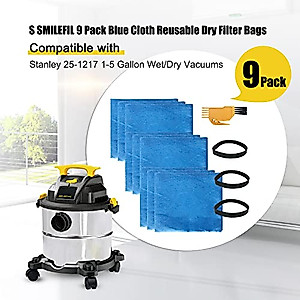 S SMILEFIL 9 Pack Blue Cloth Reusable Dry Filter Bags Compatible with Stanley 25-1217 1-5 Gallon Wet/Dry Vacuums